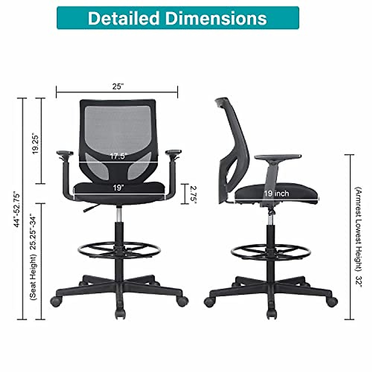 Drafting Chair Tall Office Chair, High Office Mesh Chair, Ergonomic Computer Rolling Chair, Standing Desk Stool with Adjustable Armrests and Foot-Ring