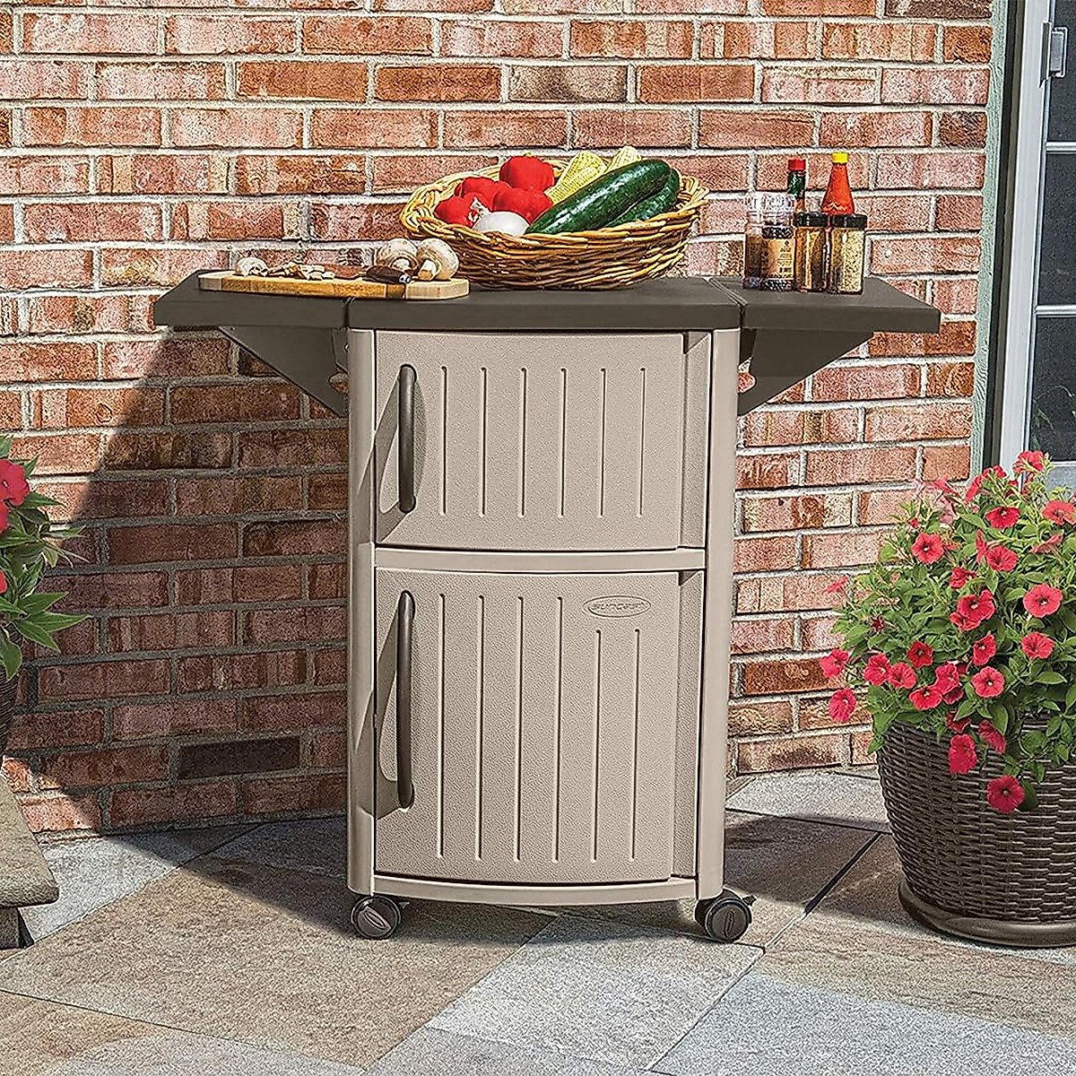 Suncast DCP2000 Portable Outdoor Patio Backyard Grilling Entertainment Serving Prep Station Table with Cabinet Storage and Drop Leaf Extensions, Beige