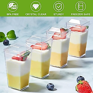 Zezzxu 3 oz Mini Plastic Dessert Cups with Lids and Spoons, 50 Pack Square Dessert Shot Glasses Shooter Cups for Appetizers Parfaits Mousse Trifle Fruit Pudding
