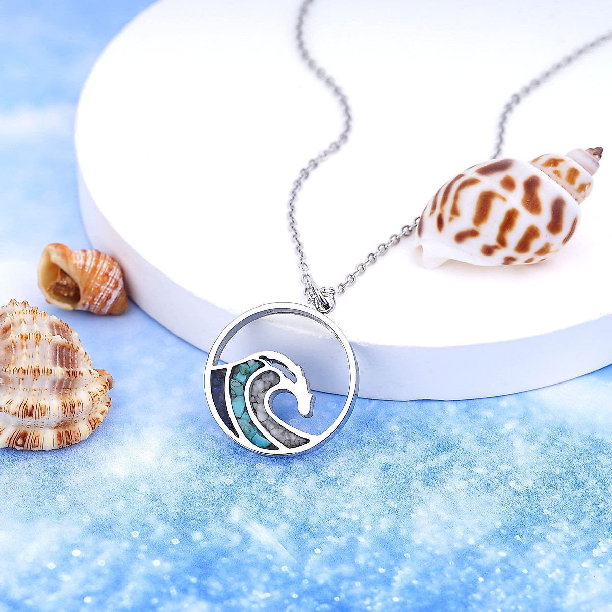 Lauren-Spencer Turquoise Wave Necklace for Women Tumbled Gemstone Chips Pendant Necklace Dainty Ocean Wave Necklaces for Women Girls Surfer Beach Jewelry Gifts (Wave Style D-Turquoise+White Howlite)