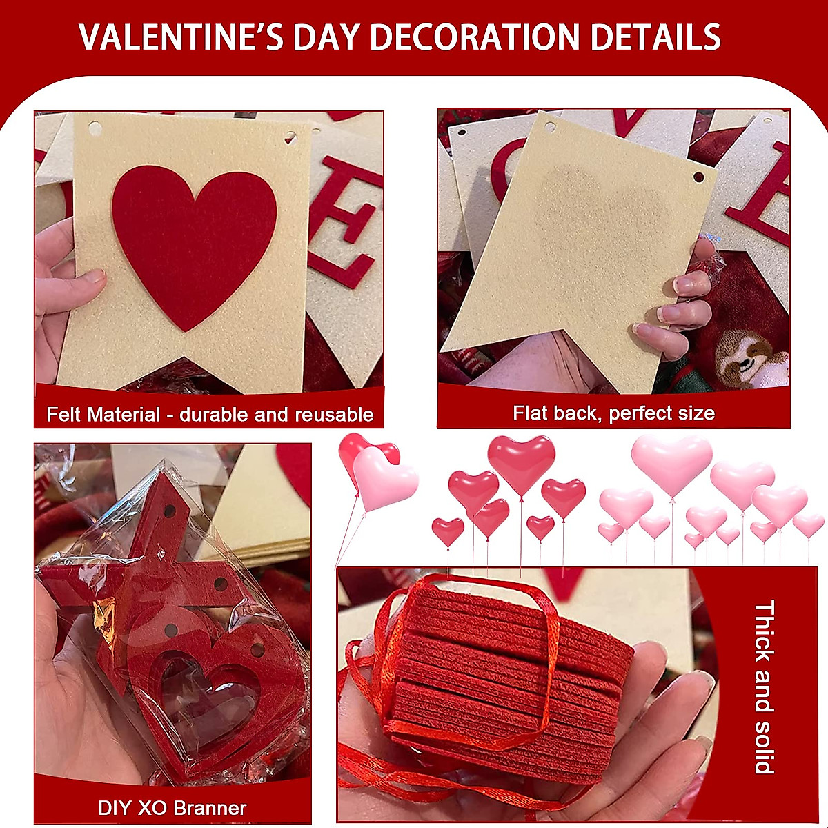 LOVE Heart XO Garlands Banner for Valentine's Day DIY Felt Decorations & 80 PCS Red Hanging String Hearts Birthday Party Flag Wedding/Home/Anniversary Supplies