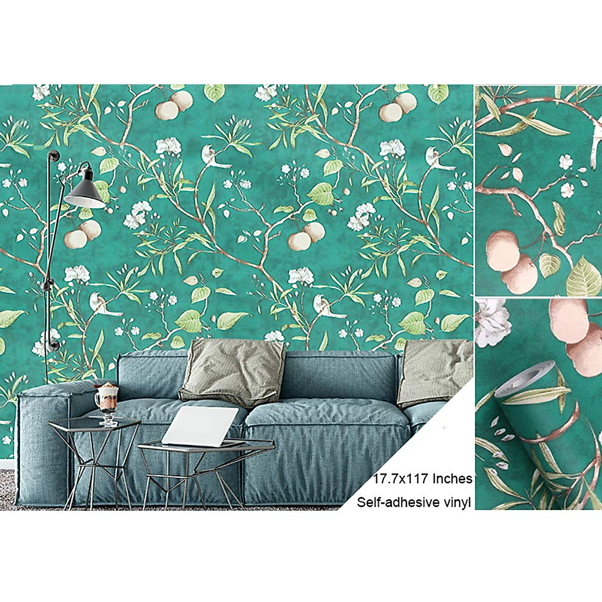 17.7x117 Inches Self Adhesive Vinyl Rustic Floral Bird Shelf Liner Contact Paper Wallpaper for Cabinets Dresser Drawer Walls Waterproof Removable