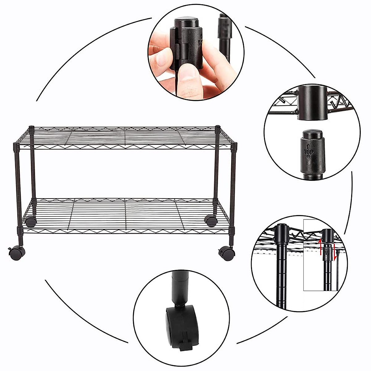 QXDRAGON Medium Adjustable, Heavy Duty Storage Shelving Unit on Wheel Casters, Metal Organizer Wire Rack, Black (2-Shelf, 35.43" L x 17.72" W x 19.29" H)