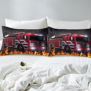 Erosebridal Firefighter Car Sheet Set Fire Truck Bed Sheets Queen Black Red Honeycomb Sheets for Teenagers Young Man Kids Boys Home Bedroom,Soft Cozy(1 Flat Sheet, 1 Fitted Sheet, 2 Pillowcases)