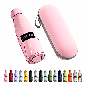 Trenovo Travel Umbrella - Mini Folding Compact Umbrella with Case, 8 Ribs Lightweight Portable Umbrella, Small Sun & Rain Pocket Umbrella for Girls and Women - Pink