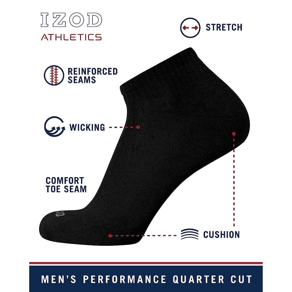 IZOD Men's Athletic Socks - Performance Cushion Quarter Socks (10 or 12 Pack), Size 6-12.5, Black/Grey (12Pk)