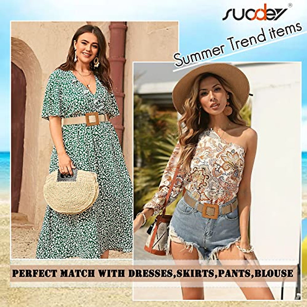 SUOSDEY 2 Pack Straw Woven Elastic Belt Braided Stretch Wide Belt for Women Dress