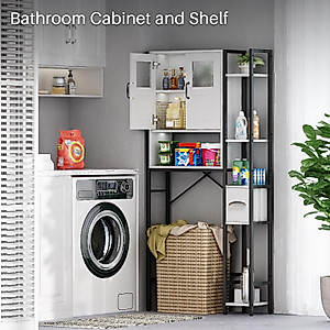 Over The Toilet Storage with Cabinet, Bathroom Storage Organizer above Toilet with Heavy-duty Metal Frame & Adjustable Shelf, Freestanding Space-Saving Storage Rack for Laundry Room,Bathroom (White)