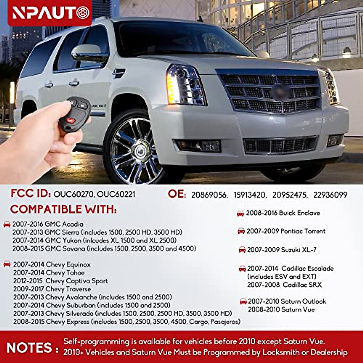 NPAUTO 2-Pack Key Fob Replacement for Chevy Silverado Equinox Traverse Tahoe Avalanche GMC Sierra 1500 2500 3500 HD Yukon Saturn Pontiac 2007 2008 2009 2010 2011 2012 2013 Keyless Entry Remote Control