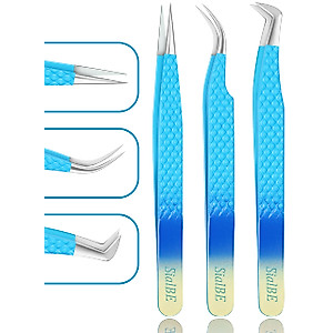 Eyelash Extension Tweezers-3 Pcs Diamond Grip Lash tweezers For Eyelash Extensions-SialBE Straight And Curved L-Shape Eyelash Tweezers, Tweezers For Eyelash Extensions With Silver Tip