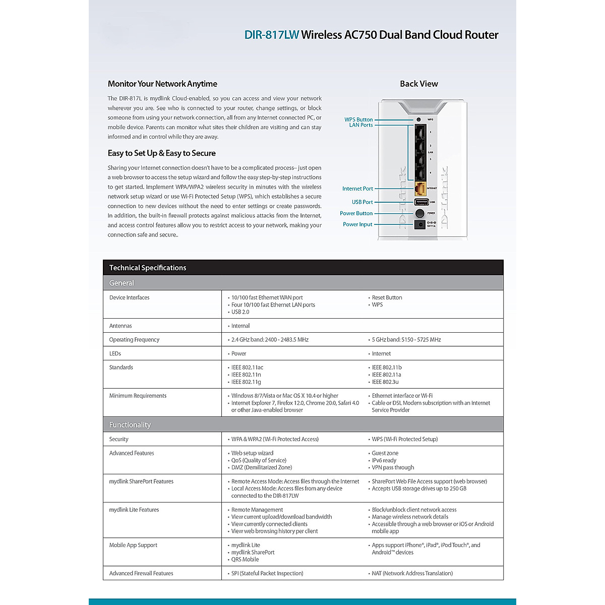 D-Link Wireless AC 750 Mbps Home Cloud App-Enabled Dual-Band Broadband Router (DIR-817LW)