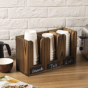 MyGift 3 Slot Deluxe Rustic Burnt Wood Coffee To Go Cup Server Caddy with Chalkboard Labels - Wall Mounted/Countertop Café Bar Drink Station Organizer Rack