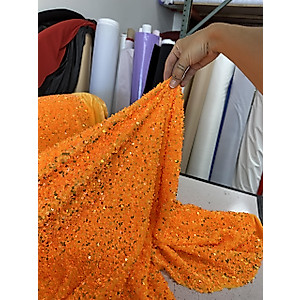 Sequin Velvet Fabric Soft Stretchy Cloth with Glittering Sequins Perfect for Dressmaking Costumes Upholstery and Christmas Decor 1 Yard of Spandex Fabric for Sewing and Crafts (Orange)