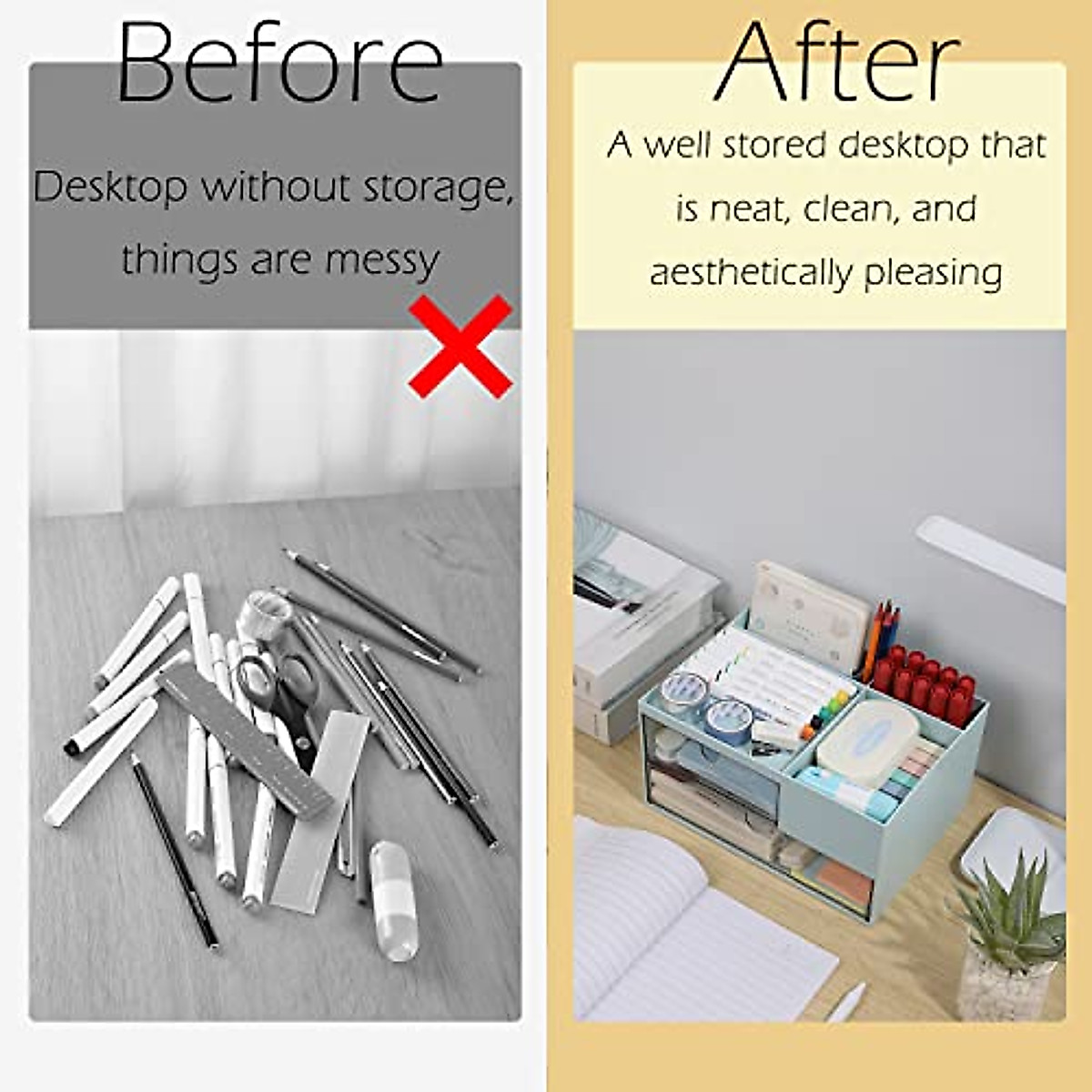 RAMFIYN Blue Kawaii Desk Organizer with 2 Drawers, 10 Compartments, Plastic Stationary Organizer for Home, School