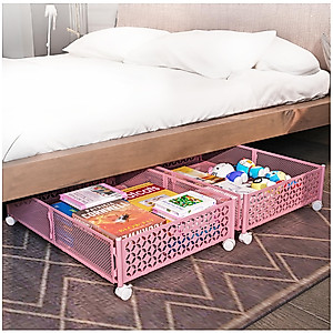 Under Bed Storage with Wheels - 2 pack - Collapsible Underbed Containers Dorm Organizer Bins for Shoe Shoes Clothes Toys - Pink