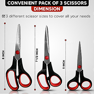 Scissors All Purpose Heavy Duty Pack of 3 – Ultra Sharp Stainless Steel Craft Scissors – Ergonomic Handle Office Scissors with Comfortable Non-Slip Grip – Adult Scissors for Sewing, Arts, Crafts