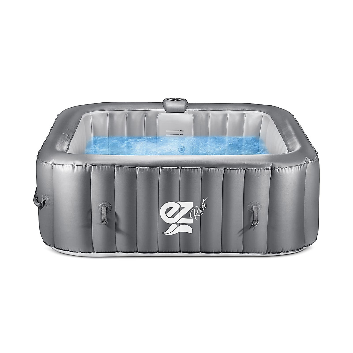 SereneLife Outdoor Portable Hot Tub - 73'' x 73'' x 25'' 6-Person Square Inflatable Heated Pool Spa with 130 Bubble Jets, Filter Pump, Cover, LED Lights, and Remote Control