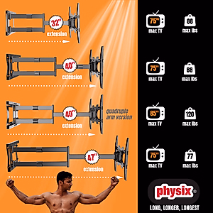 Physix 2120 Long arm TV Wall Mount for 32-75 inch Screens | Extra Long Extension up to 47 inch | Heavy-Duty TV Mount Holds up to 77 lbs | Full-Motion, swivels up to 180° | Max. VESA 400x400