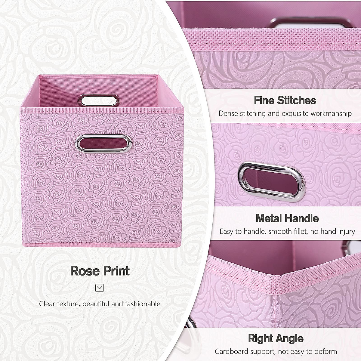 ANMINY 3PCS Storage Cubes Set Romantic Rose Print Large Storage Bins Boxes Baskets Non-Woven Fabric with Handles Desktop Closet Shelf Foldable Organizer Container for Home Office 11"x 11"x 11" - Pink