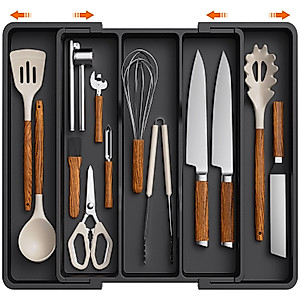 Lifewit Utensil Organizer for Kitchen Drawers, Expandable Cooking Utensil Tray, Adjustable Cutlery Silverware Flatware Holder, Plastic Kitchen Spatula Tools and Gadgets Storage Divider, Large, Black