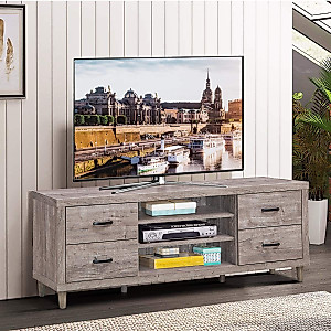 Tangkula Farmhouse TV Stand, Retro Wood Universal Stand for TV's up to 65" Flat Screen, 4 Drawers & 3 Open Shelves with 7 Adjustable Heights, 6 Legs Sturdy Structure, Rustic TV Console Table, Grey