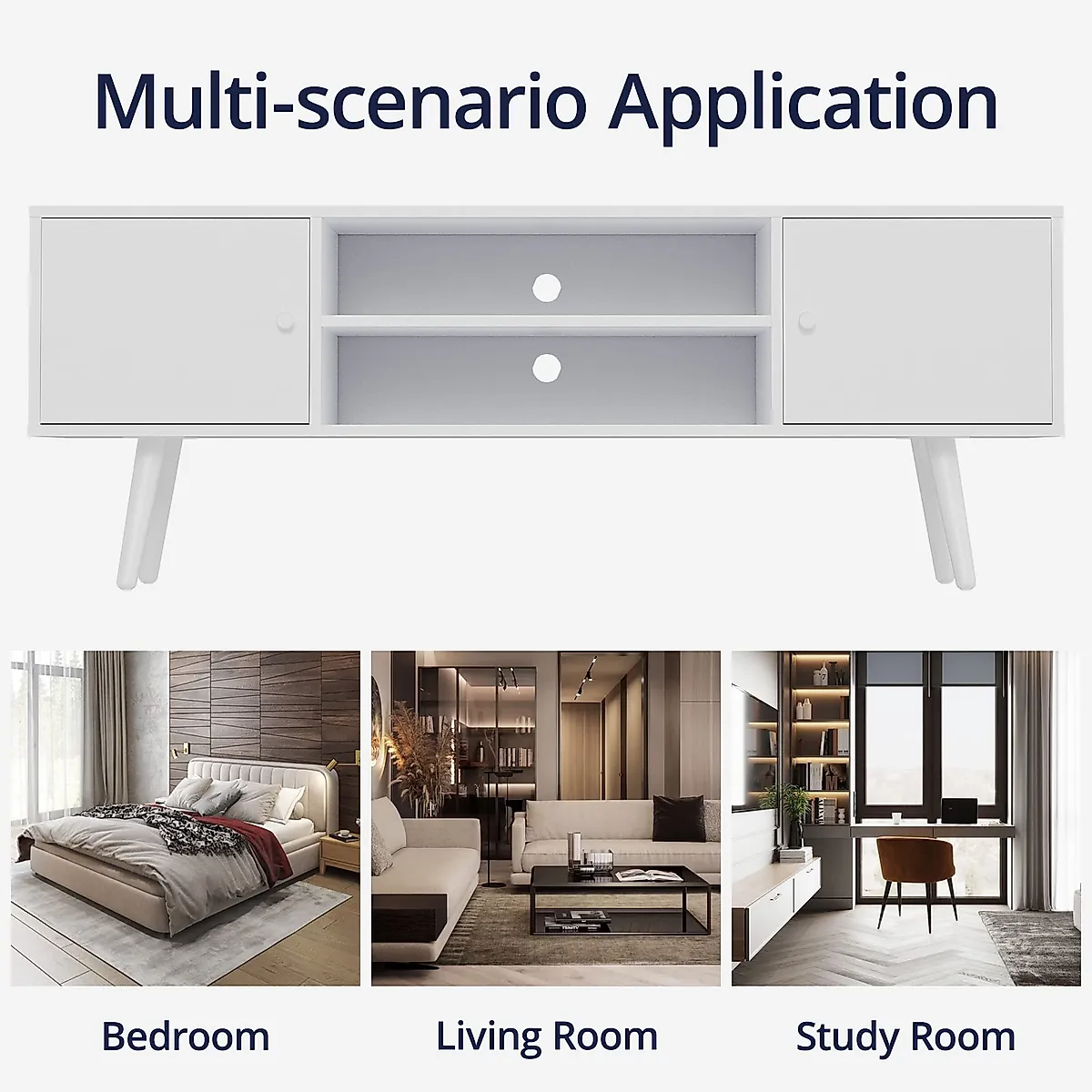 Mid-Century Modern TV Stand for 55/60 inch TV, Entertainment Center with Storage Cabinet and Open Shelves, TV Media Console for Living Room, Bedroom and Office, White