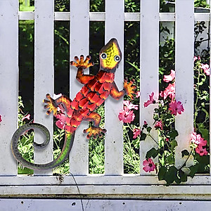 aboxoo Metal Gecko Wall Art Decor Lizard Sculpture Wall Hanging Ornaments Red Garden Decorations Inspirational Sculpture Indoor Outdoor for Home Bedroom Living Room Office Garden，(Red)