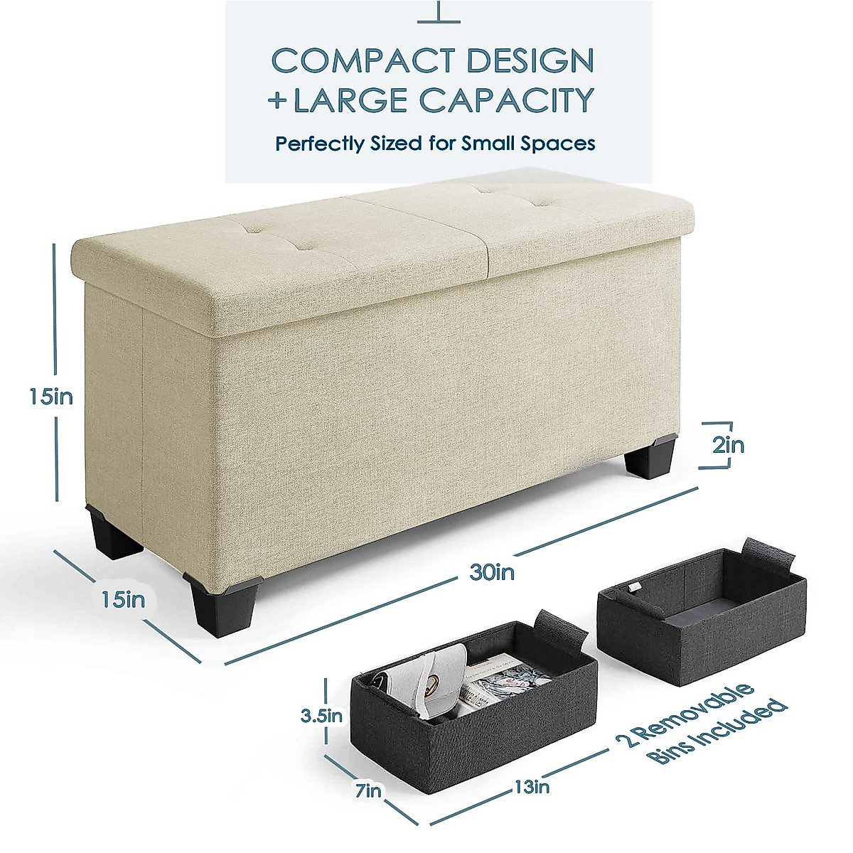 Storage Ottoman Bench with Storage Bins, 30-In Storage Bench for Bedroom End of Bed, Folding Foot Rest Ottoman with Storage for Living Room, Storage Chest Max 660lbs, Linen Fabric Ivory Ottoman