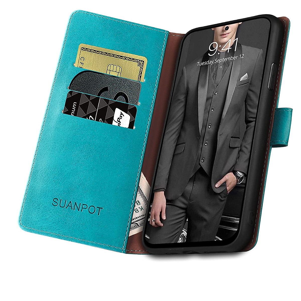 SUANPOT for Samsung Galaxy S21 6.2"(Non S21+) with RFID Blocking Leather Wallet case Credit Card Holder,Flip Folio Book Phone case Shockproof Cover Women Men for Samsung S21 case Wallet Blue Green