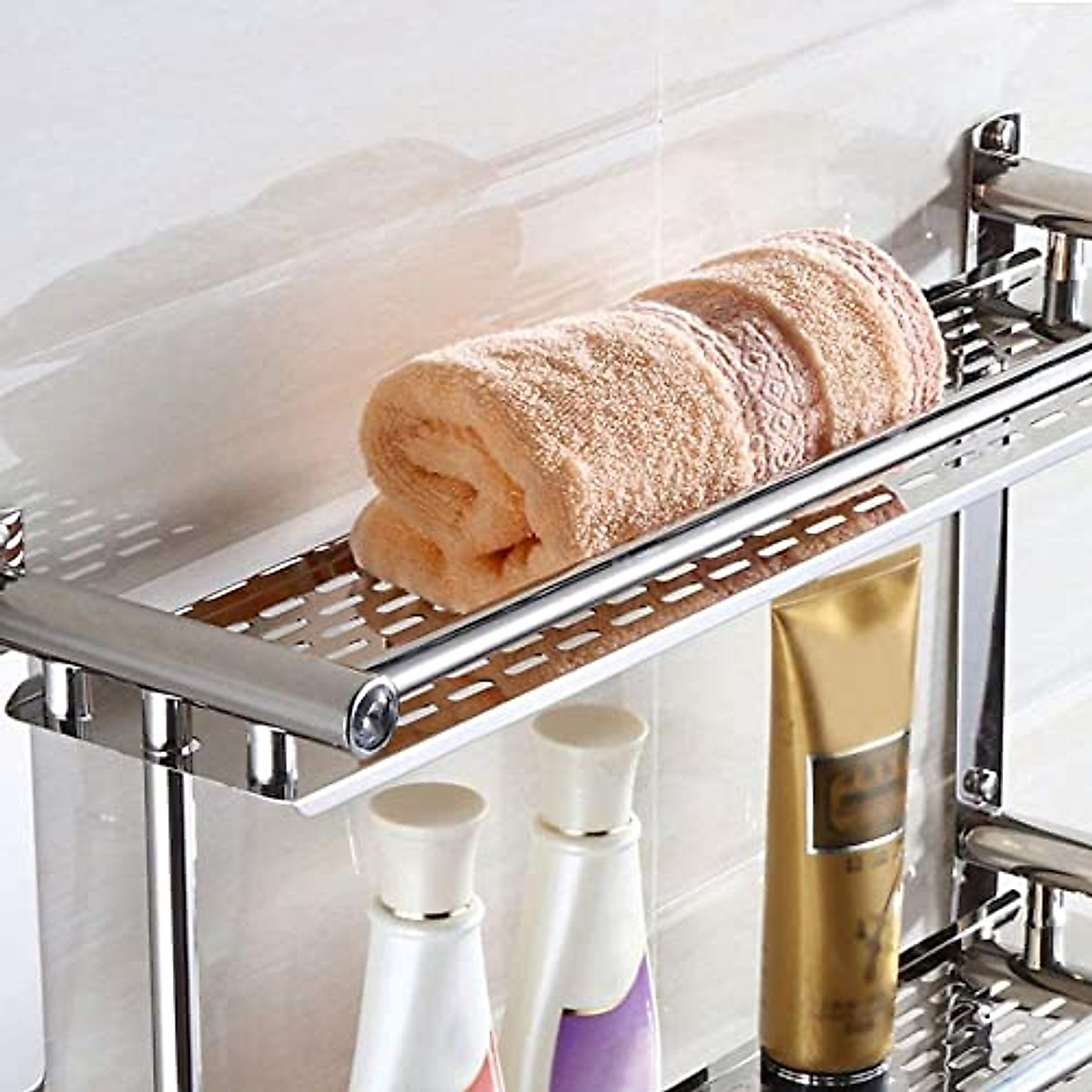 Generic Towel Rack Wall Mounted,Bathroom Wall Mounted Bath Shelf 304 Stainless Steel Storage Holders Multifunctional Rack Kitchen Holder with Hooks Hanging Washbasin Washroom Organiser