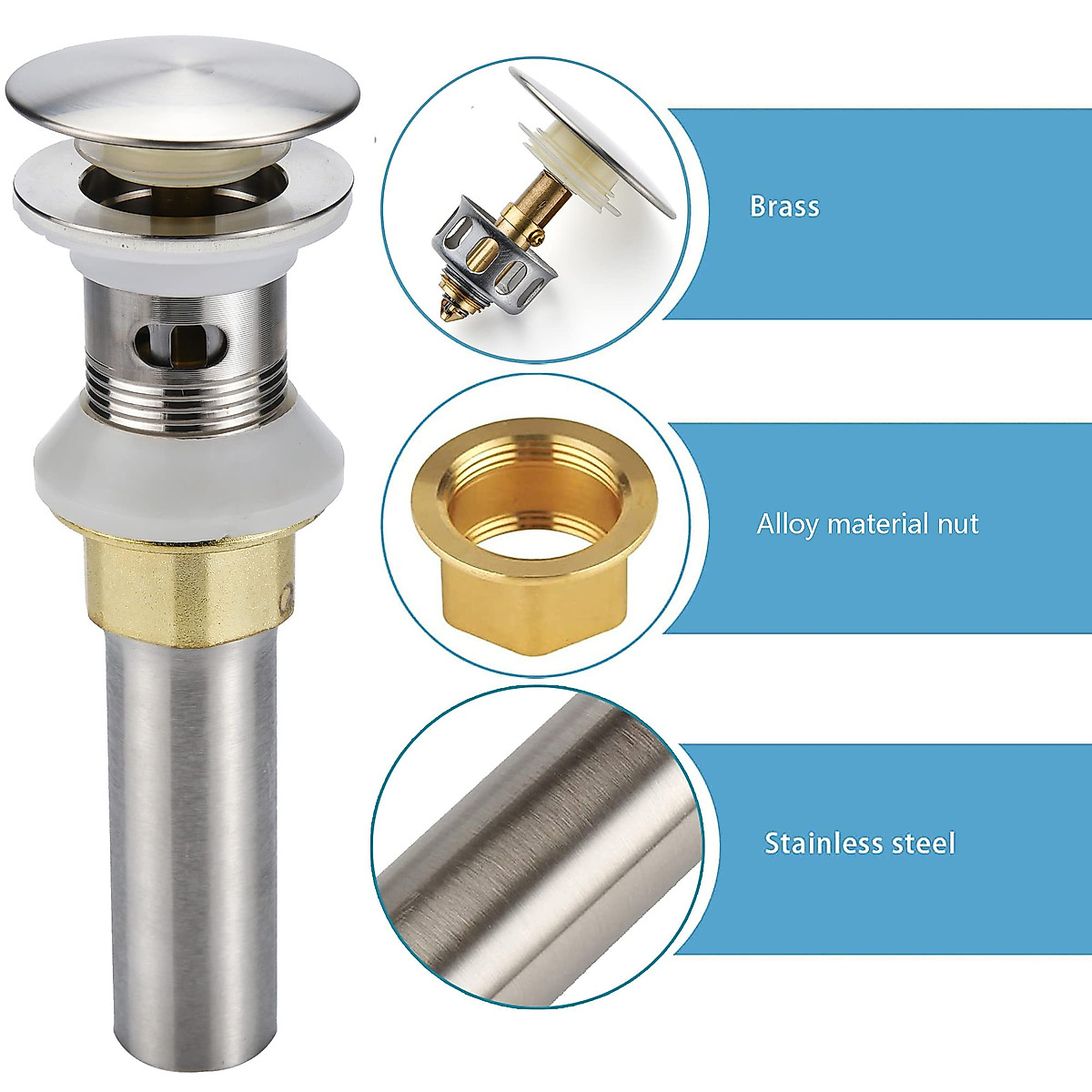 Rockgoya Bathroom Sink Drain,Drain Stopper Bathroom Sink with Overflow,Pop Up Drain Assembly with Detachable Strainer Basket,Built-in Anti-Clogging Strainer,Stainless Steel Brushed Nickel