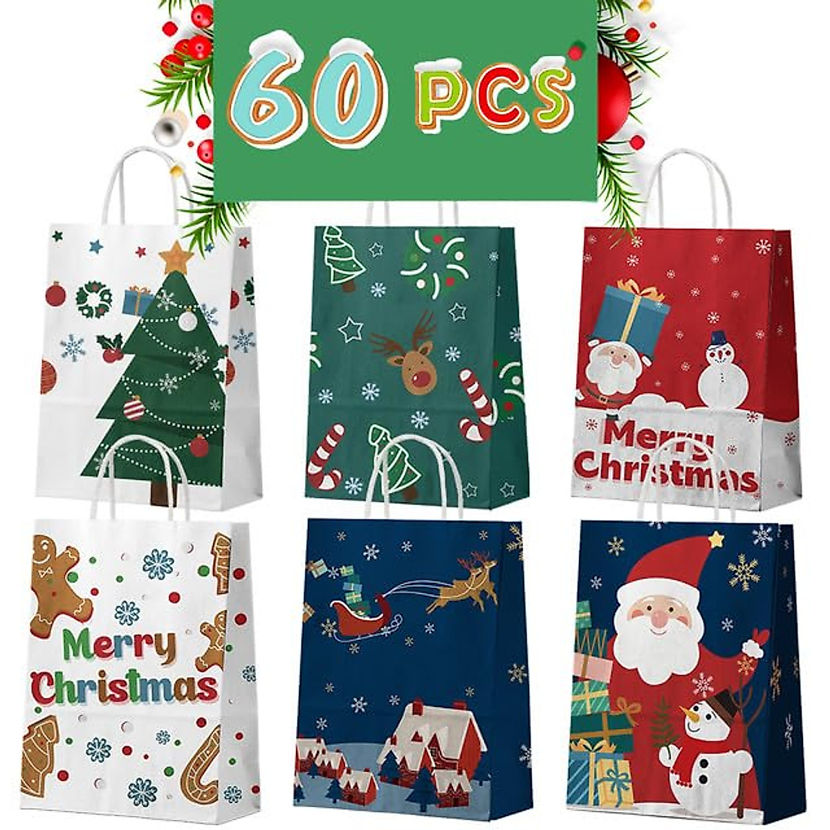 Kidtion Christmas Gift Bags 60 PCS, Durable Christmas Bags with Tissue Paper, 6 Styles Gift Bags Bulk with Handles, Reusable Small Gift Bags Xmas Paper Bags, Party Favors Holiday Gift Bags