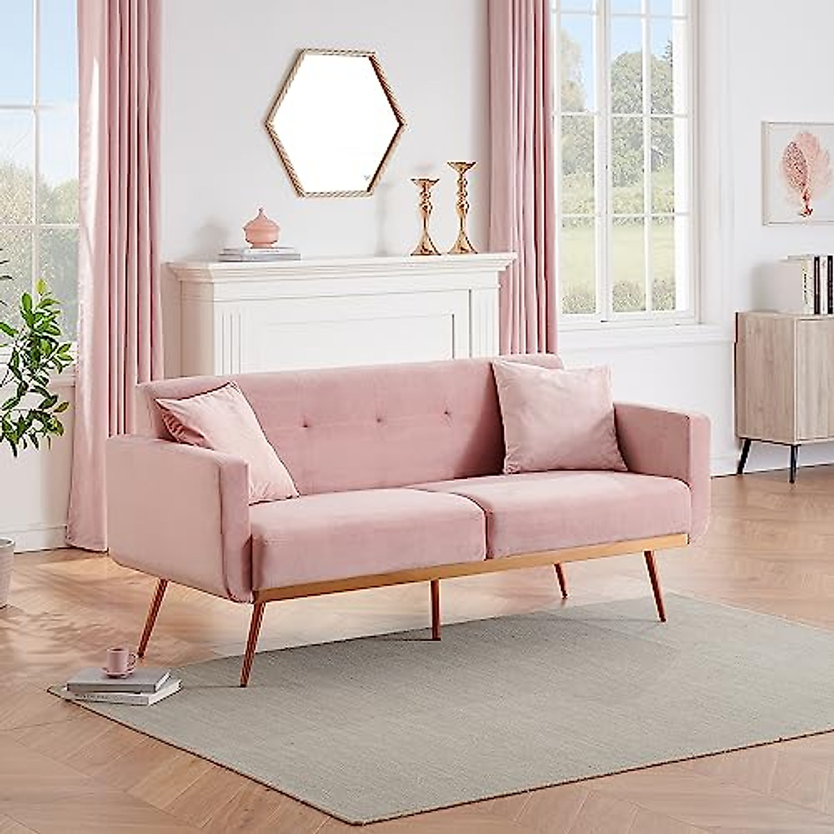 AnwickNomo 70" Velvet Modern Couch Sofa Bed with Golden Metal Legs, Tufted Loveseat with Throw Pillow and Mid Foot for Living Room, Bedroom, Playroom, Office (Pink)