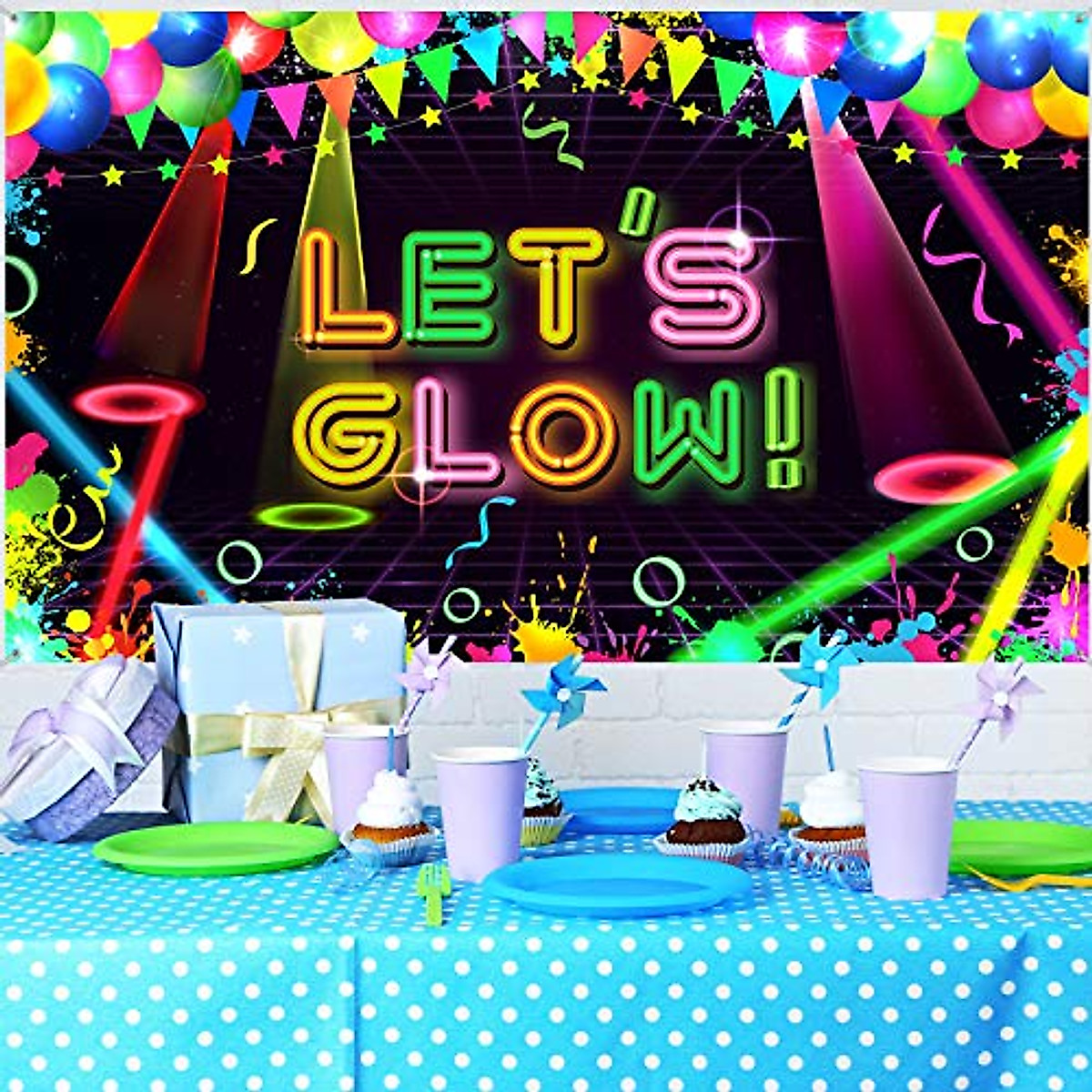 Neon Glow Party Backdrop Fabric Let Glow Background Glow Party Themed Backdrop Halloween Neon Birthday Party Decorations for Neon Themed Party Birthday Party, 5.9 x 3.6 Ft
