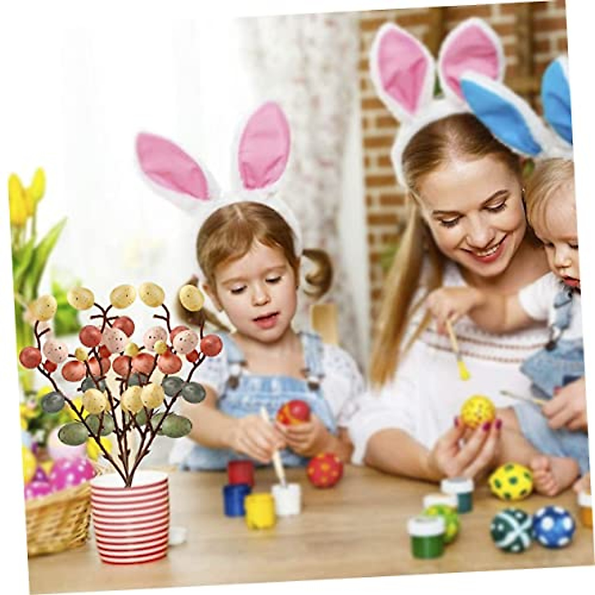 Artibetter 3pcs 5 Egg Decoration Easter Egg Vine Easter Eggs Decor Easter Party Favors Easter Vase Filler Spring Egg Stems Easter Picks with Pastel Easter Eggs Flower Shape Plant Basket Foam