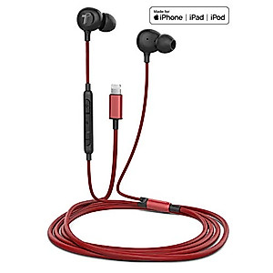 Thore iPhone 13/14 Earphones (V60) Wired in Ear Lightning Earbuds (Apple MFi Certified) Headphones with Microphone/Remote for iPhone 12/11/Pro Max/Xr/Xs Max/X/8/7 - Red
