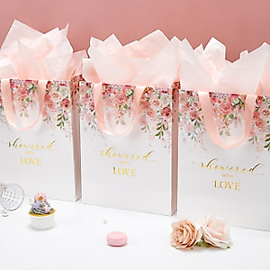 Crisky 13" Large Bridal Shower Bag with Bridal Shower Card Flower (Showered with Love) Gift Bag with Tissue Paper, Gift Card for Wedding, Bridal Shower, Engagement Party