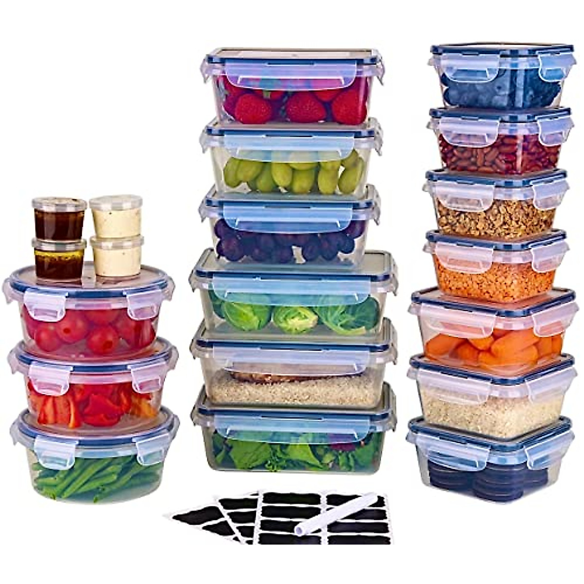 40 Piece Food Storage Container Set w/ Dressing Cups (20 Containers + 20 Lids) - Airtight Plastic Containers for Kitchen Organization, Meal Prep, Leftovers, Lunch - Includes Labels & Erasable Marker