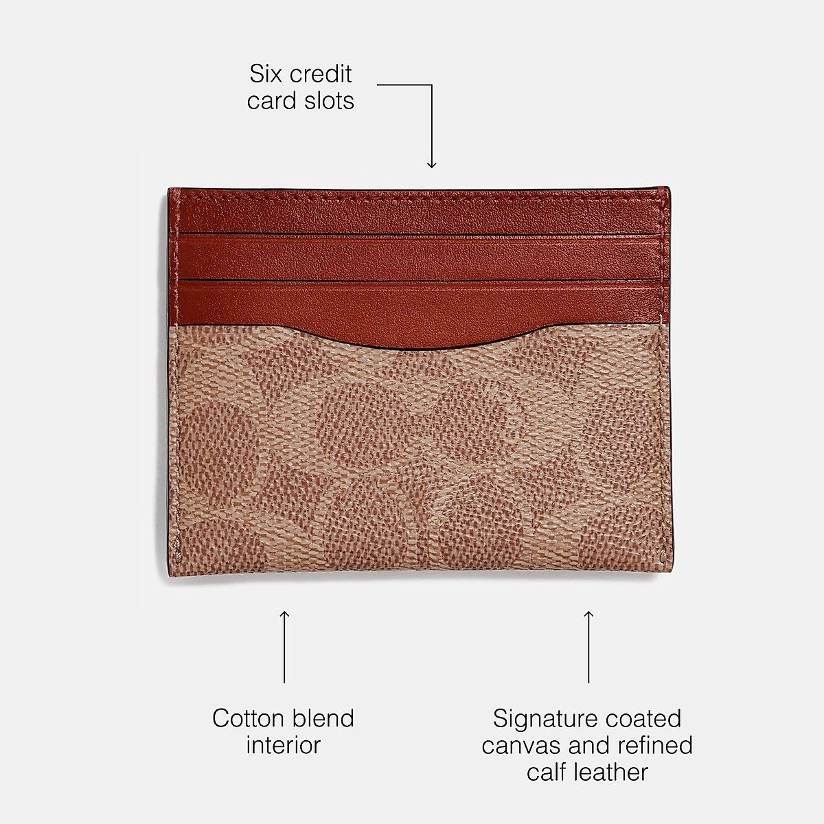 Coach Flat Card Case in Signature, Tan/Rust, One Size