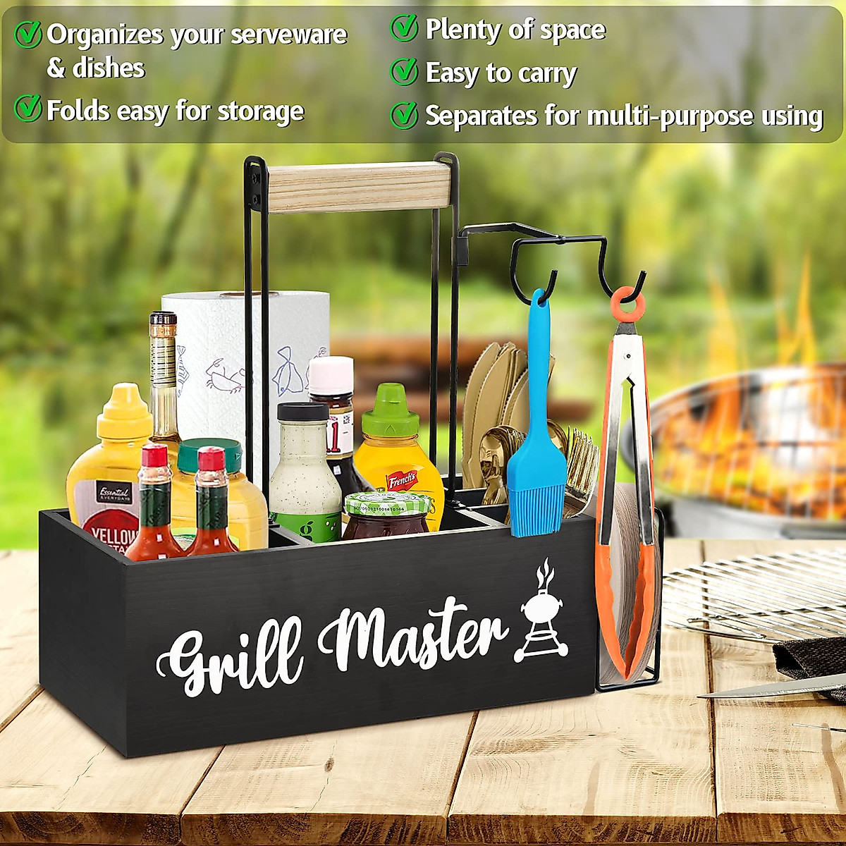 Grill Utensil Caddy, Picnic Condiment Caddy, BBQ and Grill Caddy with Paper Towel Holder & Paper Plate Holder. Grilling Caddy with Wood Handle & 2 Hooks, Multi-use Storage Organizer for Outdoor Grill