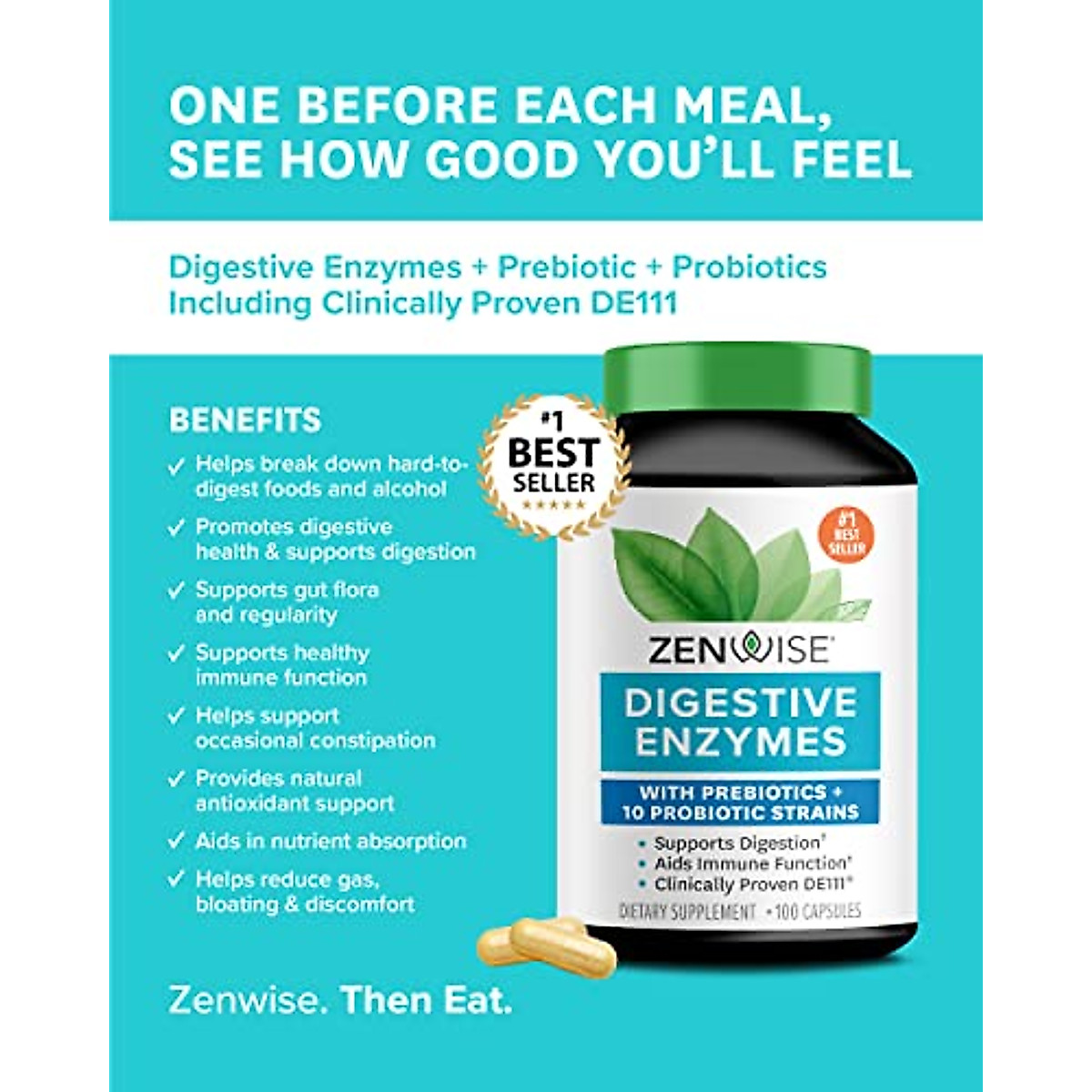 Zenwise Probiotic Digestive Multi Enzymes, Probiotics for Digestive Health, Bloating Relief for Women and Men, Enzymes for Digestion with Prebiotics and Probiotics for Gut Health - 100 Count