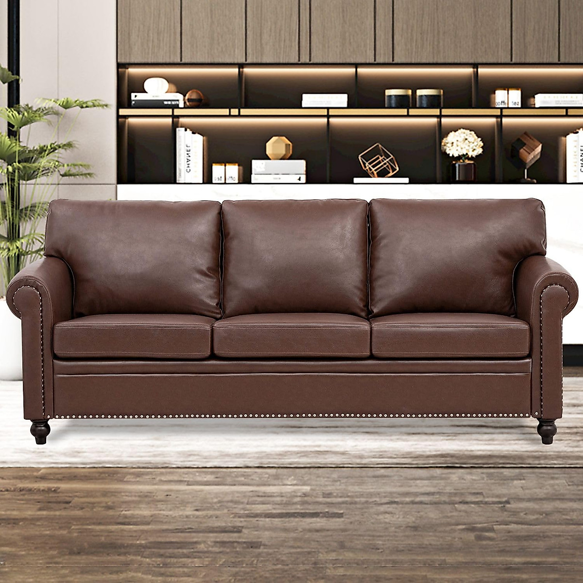 TINGMAMADEHUA Modern Brown Faux Leather Sofa – 3-Seater Couch for Living Room, Comfy Upholstered Design with Tufted Detachable Back Cushions, Traditional Rolled Arms, and Nailhead Trim – Easy Assembly