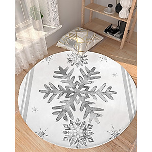 Grey Snowflake Fluffy Round Area Rug Carpets 5ft, Plush Shaggy Carpet Soft Circular Rugs, Non-Slip Fuzzy Accent Floor Mat for Living Room Bedroom Nursery Home Decor Winter Christmas Stripes Holiday