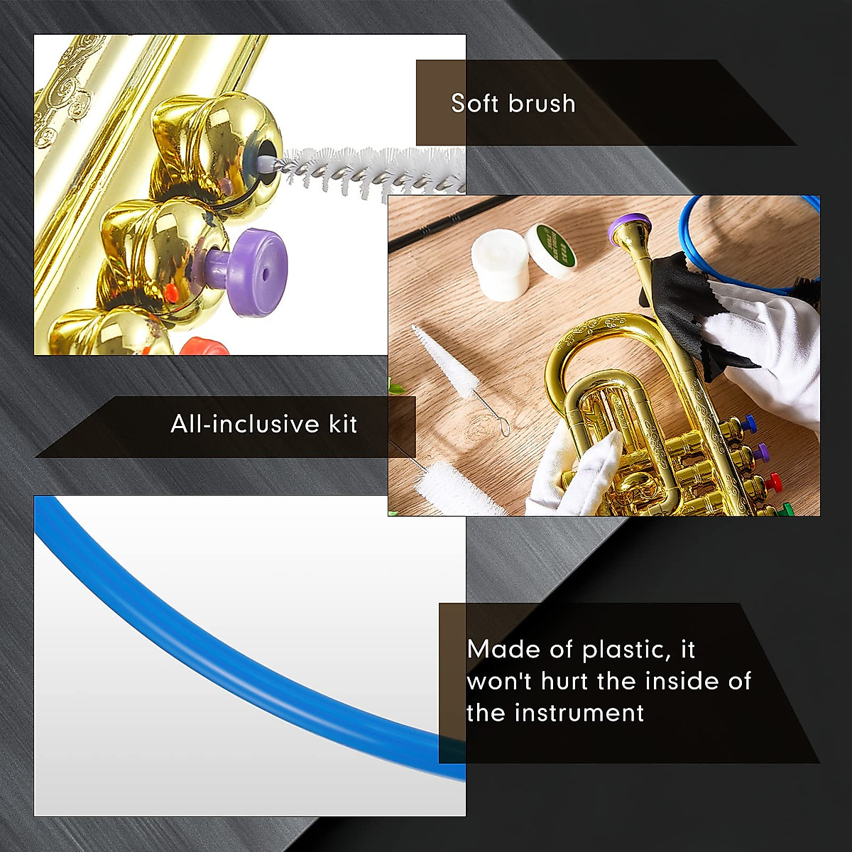 7 Pieces Trombone Care Cleaning Kit Maintenance Kit Flexible Brush Slide Grease Mouthpiece Brush Valve Cleaning Cloth Casing Brush Cleaning Rod White Gloves for Instruments