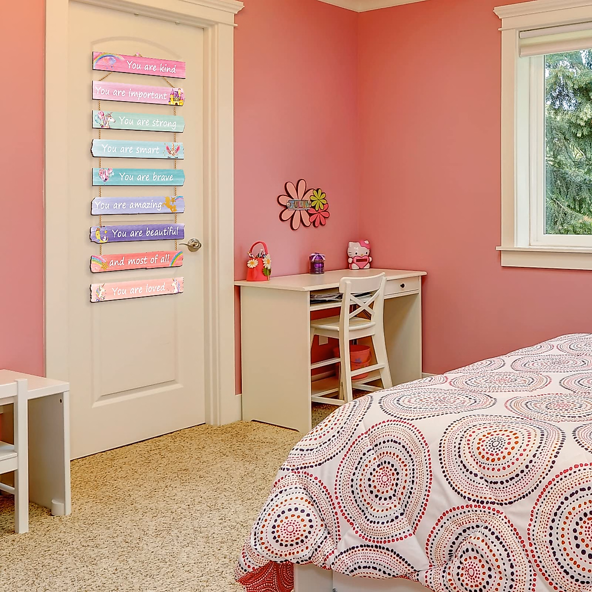 Yookeer Set of 9 Unicorn Rainbow Room Wall Decor for Teen Girls Inspirational Wall Unicorn Rainbow Motivational Art Aesthetic pink Wood Art Signs for Princess Nursery Room Bedroom