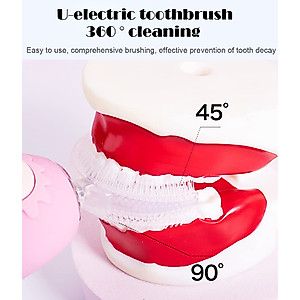 NC Kids Automatic Toothbrush with Blue Lights,U Shaped Design,USB Charging with Water Cup,IPX7 Waterproof,45s Cleans All Teeth,Pink