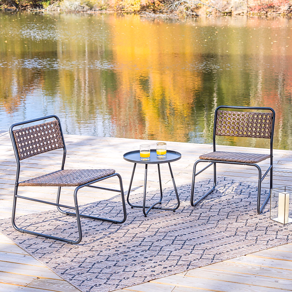 JONATHAN Y LVG1100B-3SET Freja 3-Piece Mid-Century Modern Faux Rattan Conversation Outdoor Patio Set Scandinavian, Classic, Transitional, Bohemian, Traditional, Black/Brown