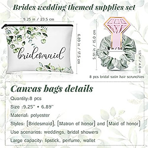 24 Pcs Wedding Themed Supplies Include 8 Bridesmaid Proposal Box 8 Bridesmaid Canvas Makeup Bags Matron of Honor Bag and 8 Hair Scrunchies Bridal Satin Hair Band for Bridal Shower Wedding Party