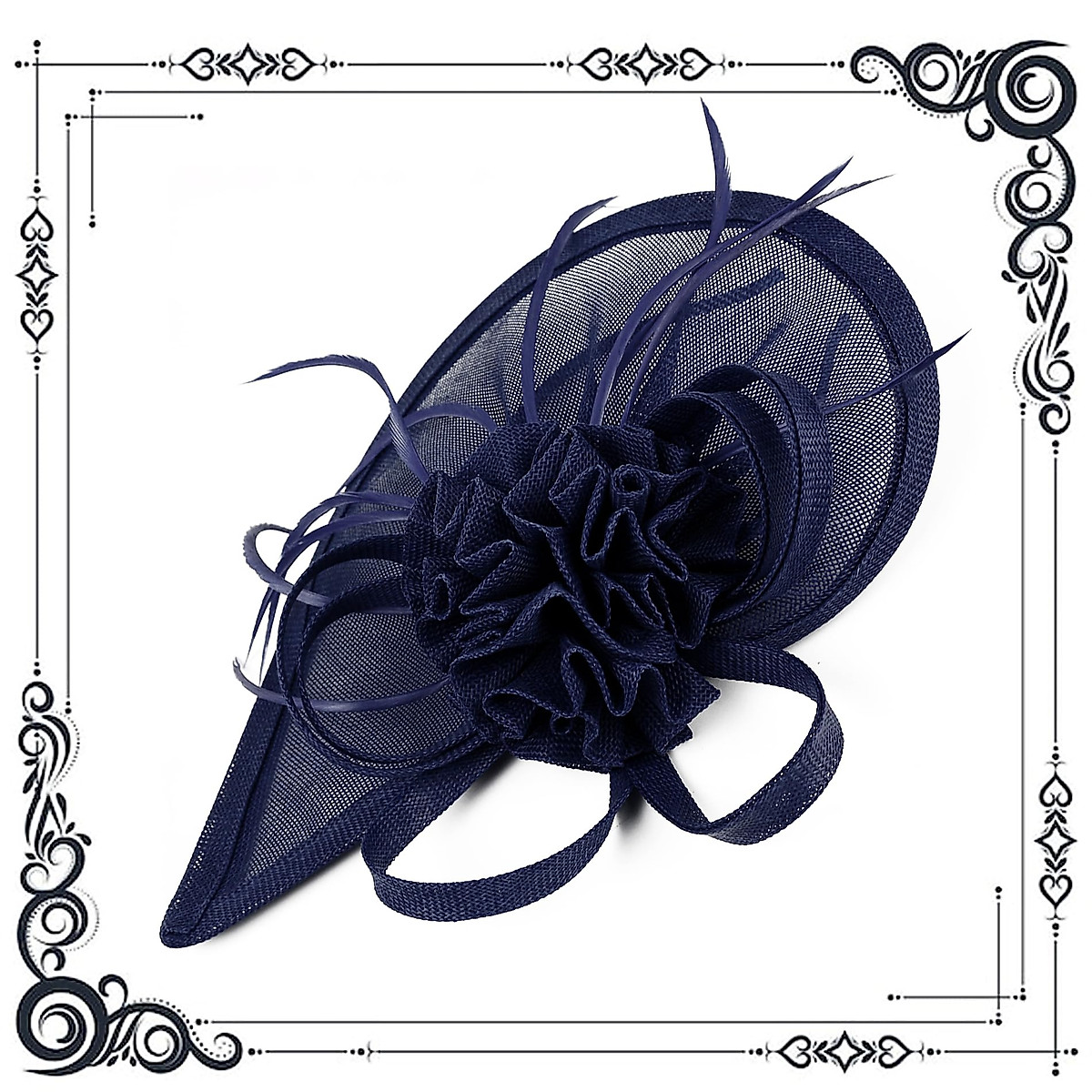 dressfan Fascinator Hat Headpiece Womens Vintage Wedding Headband Derby Hat,20s 50s Mesh Feather Flower Hair Clips Headwear for Kentucky Derby/Wedding/Cocktail/Tea Party,Navy Blue