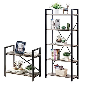 BON AUGURE Small Bookshelf for Small Space, 5-Tier Industrial Bookshelf, Wood and Metal Bookcase for Living Room, Bedroom and Office (Dark Gray Oak)
